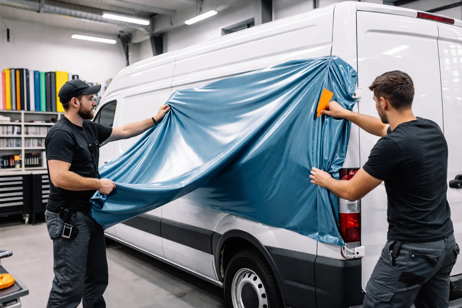Vehicle wrap installers applying premium vinyl to a cargo van in ...