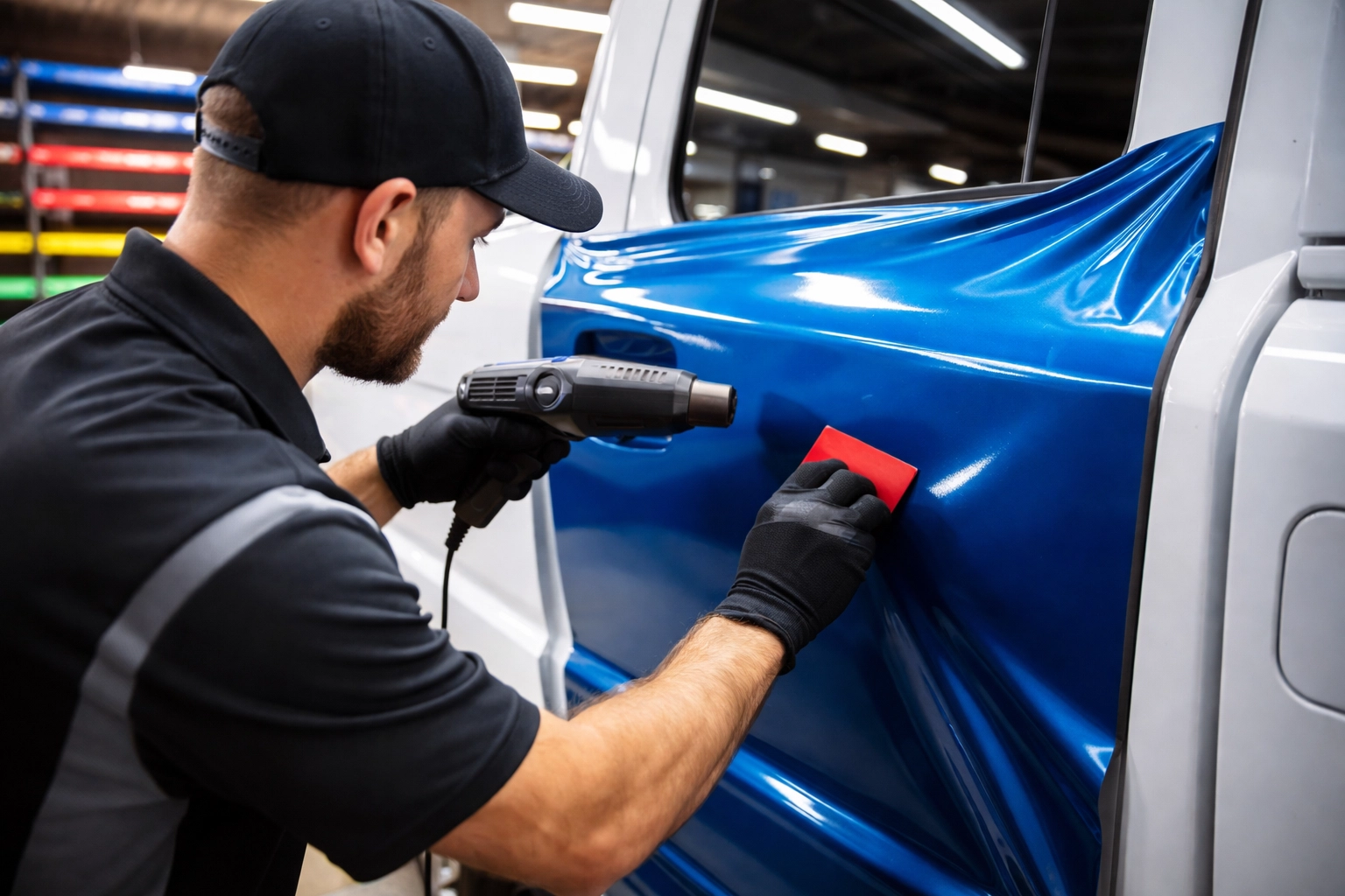 Certified installer applying premium vinyl wrap to a truck door at ...