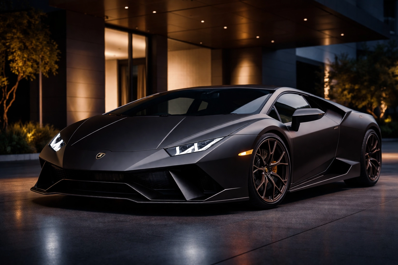 Luxury sports car with a matte black color change wrap for a modern ...