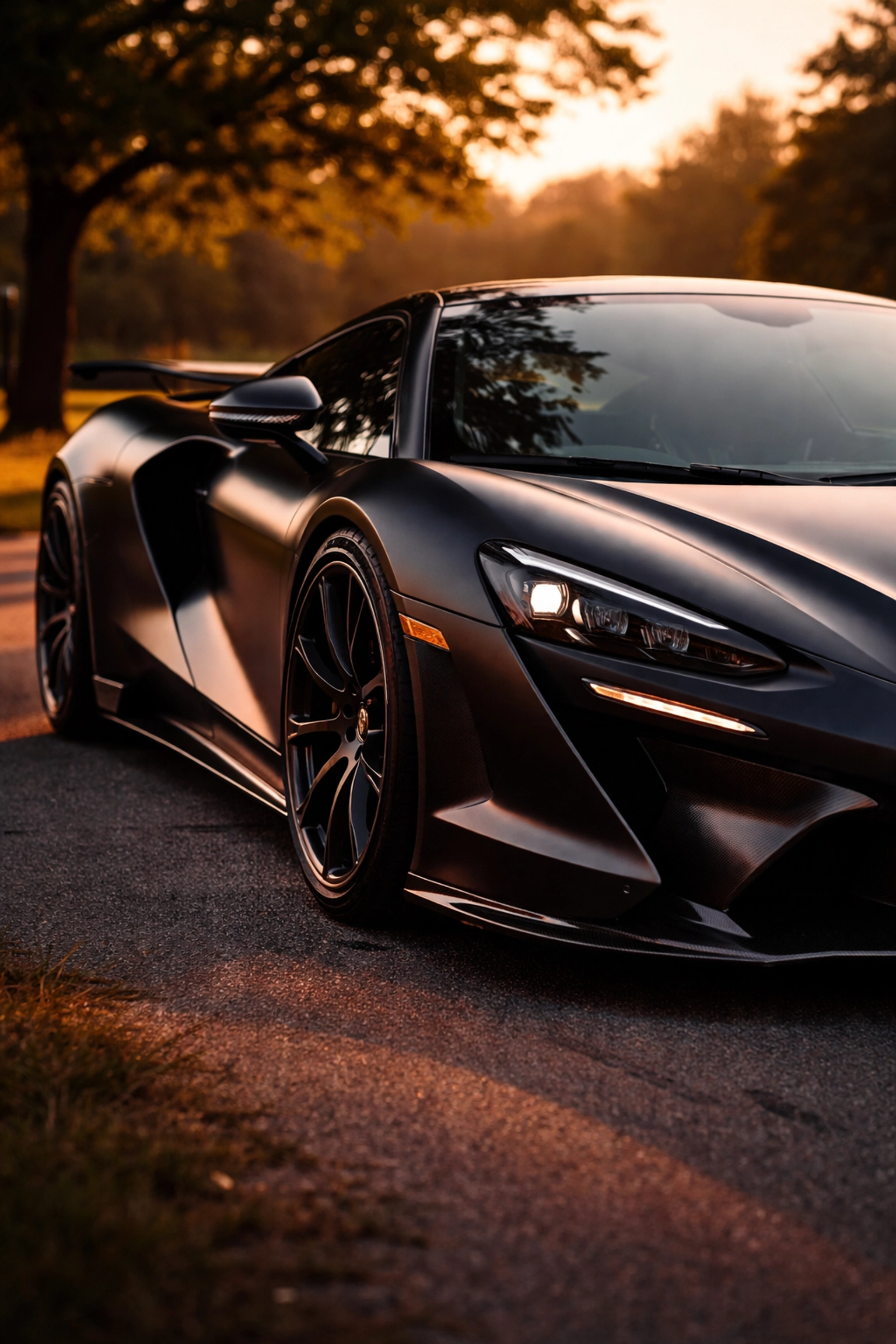 Luxury sports car with matte black color change wrap at park ...